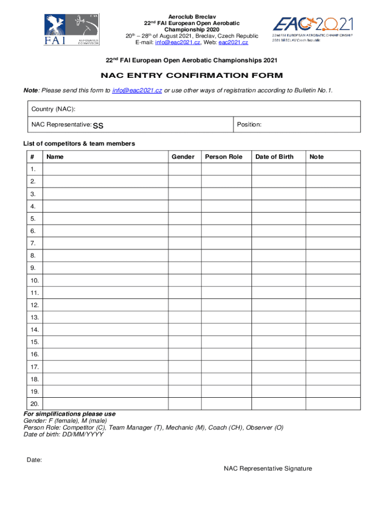 Fillable Online EAC 2021 - NAC Confirmation Entry Form. 22nd European ...