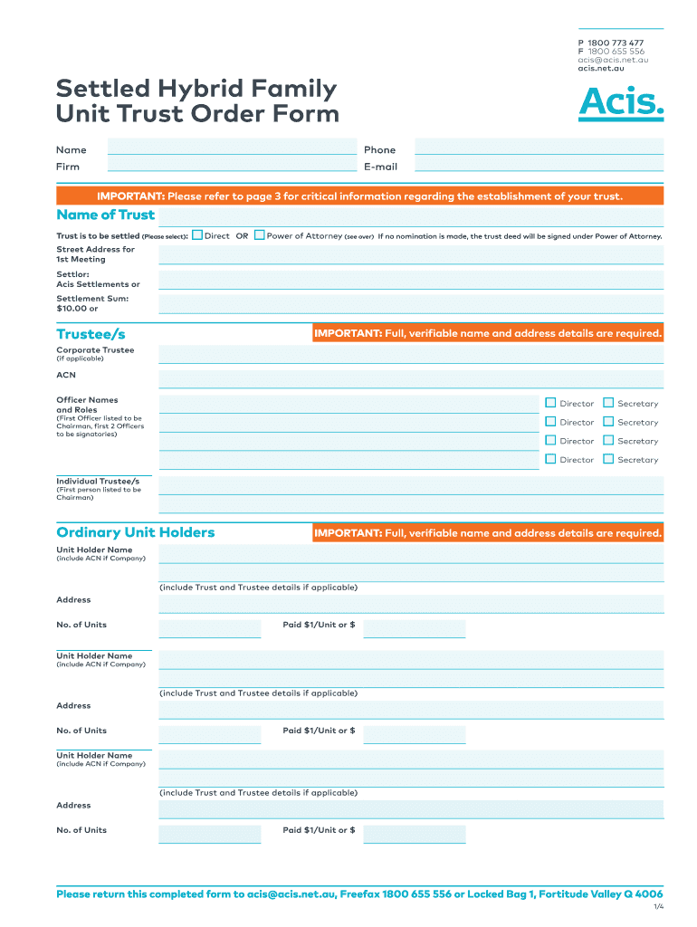 Fillable Online acis net Settled Hybrid Family Unit Trust Order Form ...