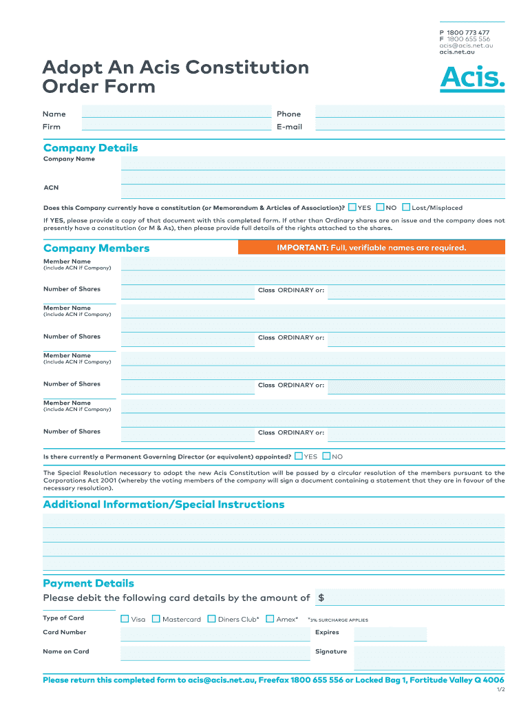 Fillable Online acis net Adopt An Acis Constitution Order Form - acis ...