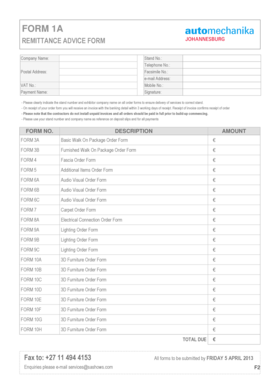 Fillable Online FORM 1A REMITTANCE ADVICE FORM Company Name: Stand No ...