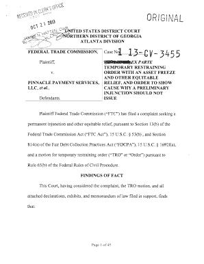 Fillable Online ftc Ex Parte Temporary Restraining Order with an Asset Freeze and Other ...