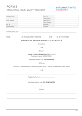 Fillable Online OCCUPATIONAL HEALTH & SAFETY AGREEMENT Fax Email Print ...