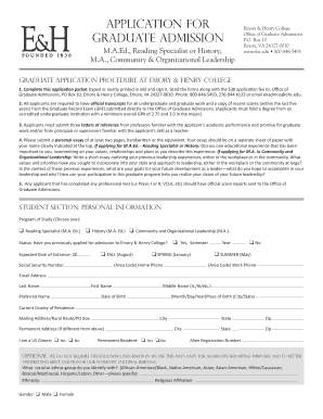 Fillable Online APPLICATION FOR GRADuATE ADMISSION - Emory & Henry ...