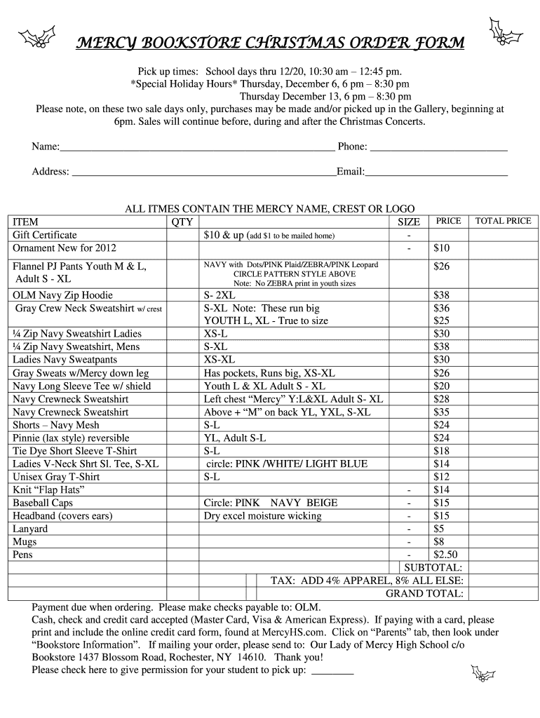 Fillable Online MERCY BOOKSTORE CHRISTMAS ORDER FORM Fax Email Print ...