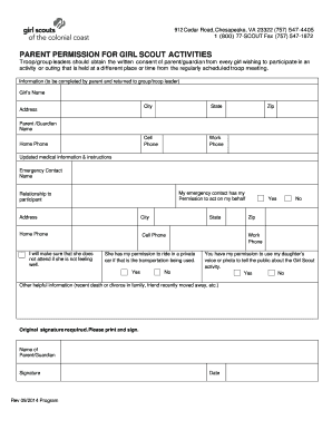 Fillable Online gsccc PARENT PERMISSION FOR GIRL SCOUT ACTIVITIES Fax Email Print - pdfFiller