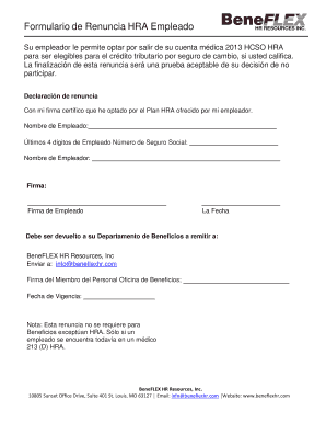 Fillable Online Formulario de Renuncia HRA Empleado - BeneFLEX HR Resources Fax Email Print ...