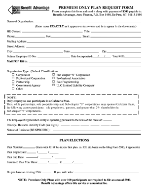 Fillable Online PREMIUM ONLY PLAN REQUEST FORM - Benefit Advantage Fax ...