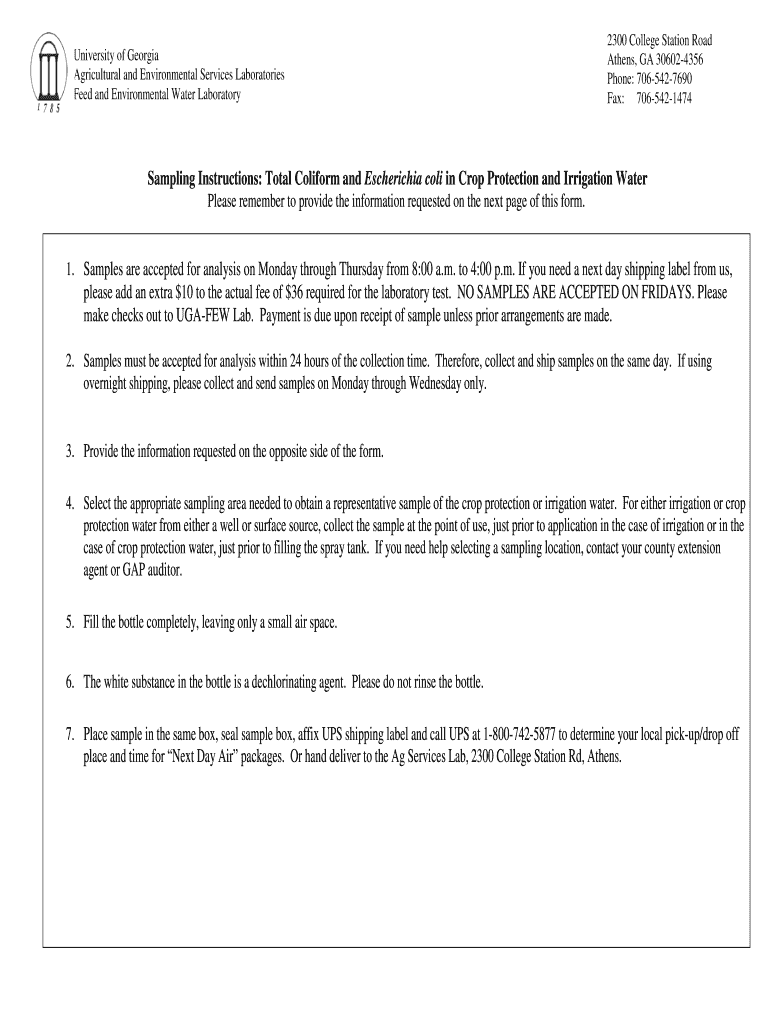 Fillable Online aesl ces uga Sampling Instructions Escherichia coli E ...