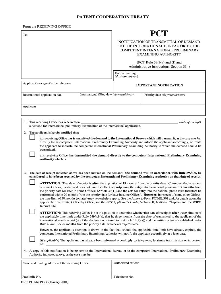 Fillable Online PATENT COOPERATION TREATY From the RECEIVING OFFICE PCT ...
