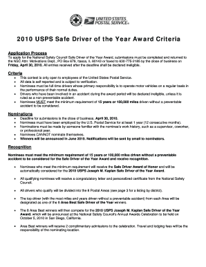 Fillable Online nsc 2010 USPS Safe Driver of the Year Application Fax ...