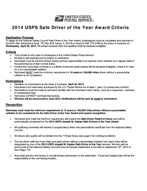 Fillable Online nsc 2014 USPS Safe Driver of the Year Award Criteria ...