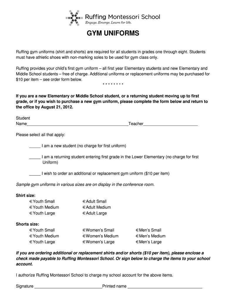 Fillable Online GYM UNIFORMS - Ruffing Montessori Fax Email Print ...