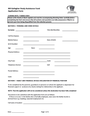 Fillable Online Bill Gallagher Study Assistance Fund Application Form ...