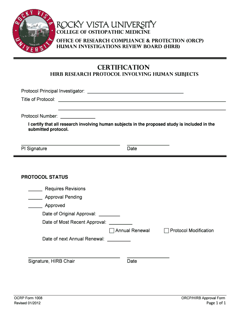 Fillable Online sp rockyvistauniversity RVU ORCP approval form - HIRB protocol approval.pdf Fax ...