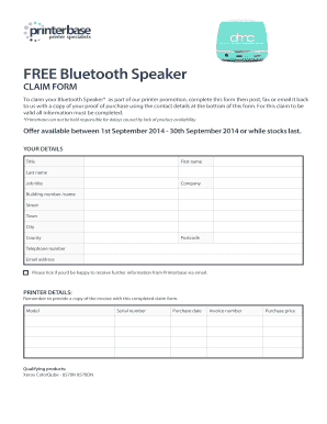 Fillable Online FREE Bluetooth Speaker CLAIM FORM - Printerbase Fax ...