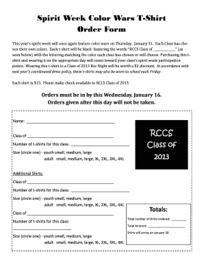 Fillable Online Spirit Week Color Wars T-Shirt Order Form Fax Email ...