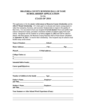 Fillable Online Junior Achievement Scholarship Class of 2016 Fax Email ...