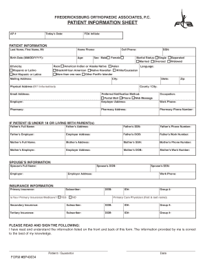 Fillable Online PATIENT INFORMATION SHEET - Fredericksburg Orthopaedic ...