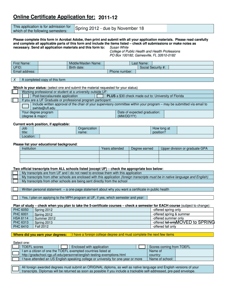 Fillable Online mph ufl Online Certificate bApplicationb for - Master ...
