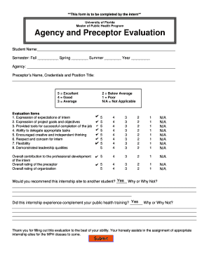 Fillable Online mph ufl Agency and Preceptor Evaluation by the intern ...