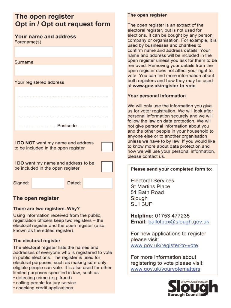 Fillable Online Open register opt out form - Slough Borough Council Fax ...