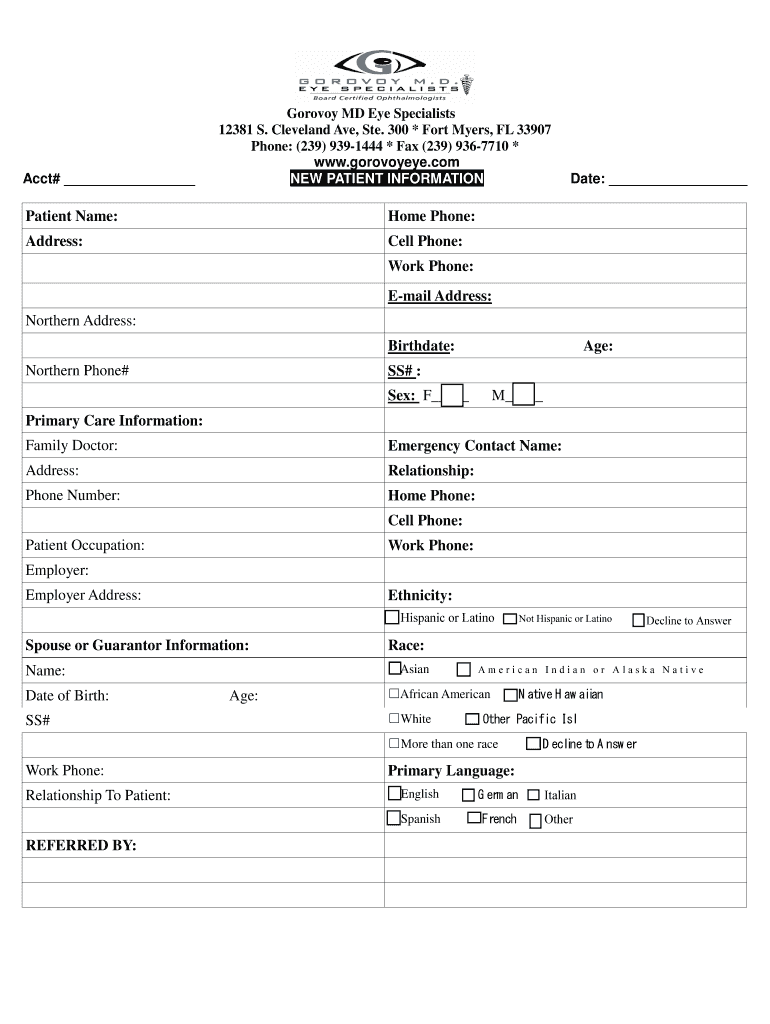 Fillable Online New Patient Information bSheetb - Gorovoy MD Eye ...