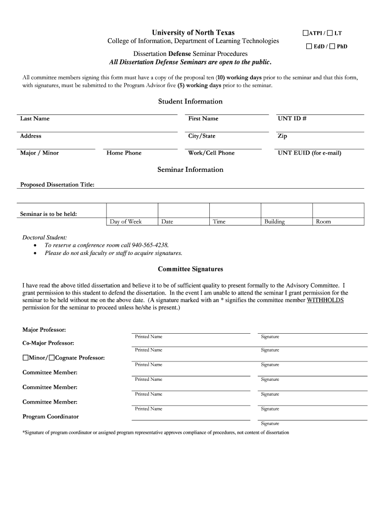 Fillable Online lt unt Doctoral Defense Form - Department of Learning ...