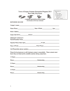 Fillable Online Town of Esopus Summer Recreation Program b2013b Ross Park Port bb Fax Email ...
