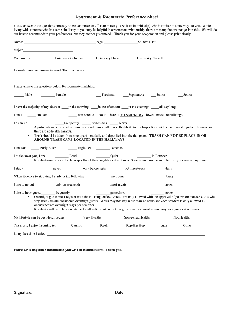 Fillable Online Roommate Preference Form - University Place Fax Email ...
