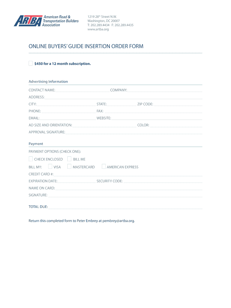 Fillable Online artba ONLINE BUYERS GUIDE INSERTION ORDER FORM Fax Email Print - pdfFiller