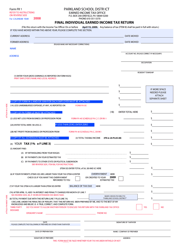 Fillable Online parklandsd Parkland school distr ict final individual earned income tax return ...