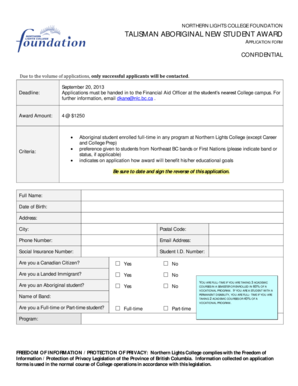 Fillable Online TALISMAN ABORIGINAL NEW STUDENT AWARD Fax Email Print - pdfFiller
