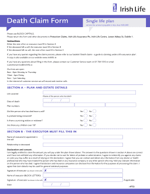 Fillable Online Death Claim Form Single life plan Fax Email Print ...