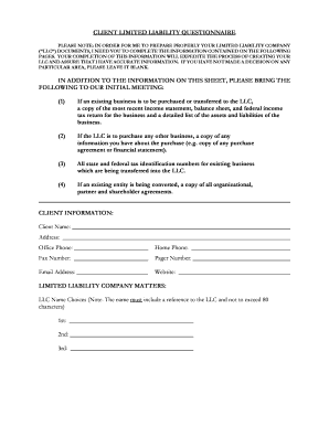 Fillable Online CLIENT LIMITED LIABILITY QUESTIONNAIRE Fax Email Print ...