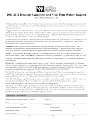 Fillable Online 2011-2012 Housing Exemption and Meal Plan Waiver ...