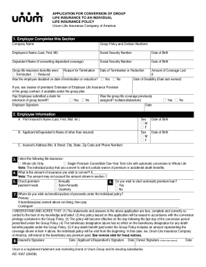 Fillable Online UNUM Life Conversion Form - BMG Benefits Management ...