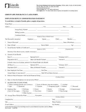 Fillable Online Group life insurance claim form - Lincoln Financial ...