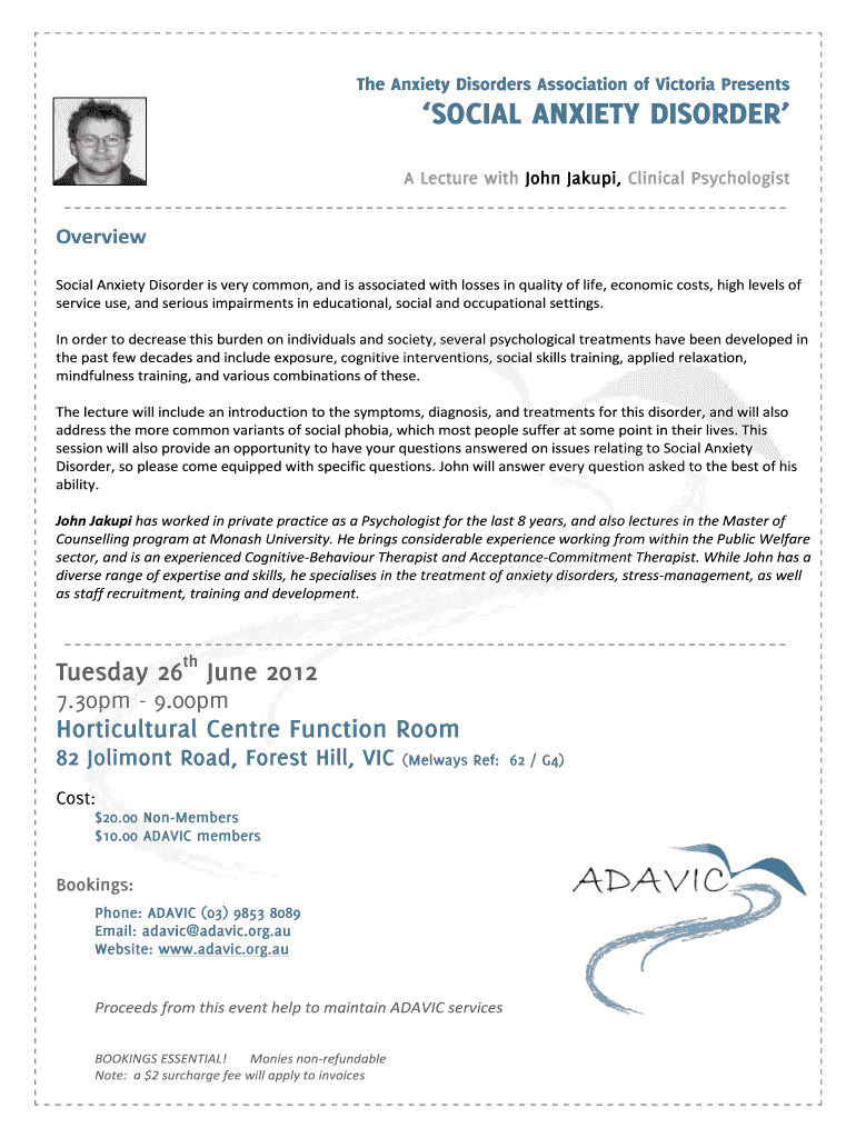 Fillable Online adavic org Social anxiety disorder - Anxiety Disorders ...