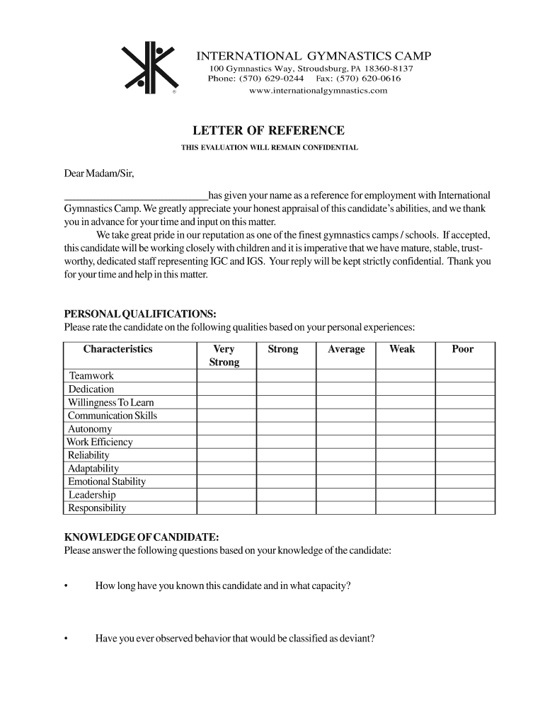 Fillable Online Gymnastics Counselor/Instructor Reference Form - International ... Fax Email ...