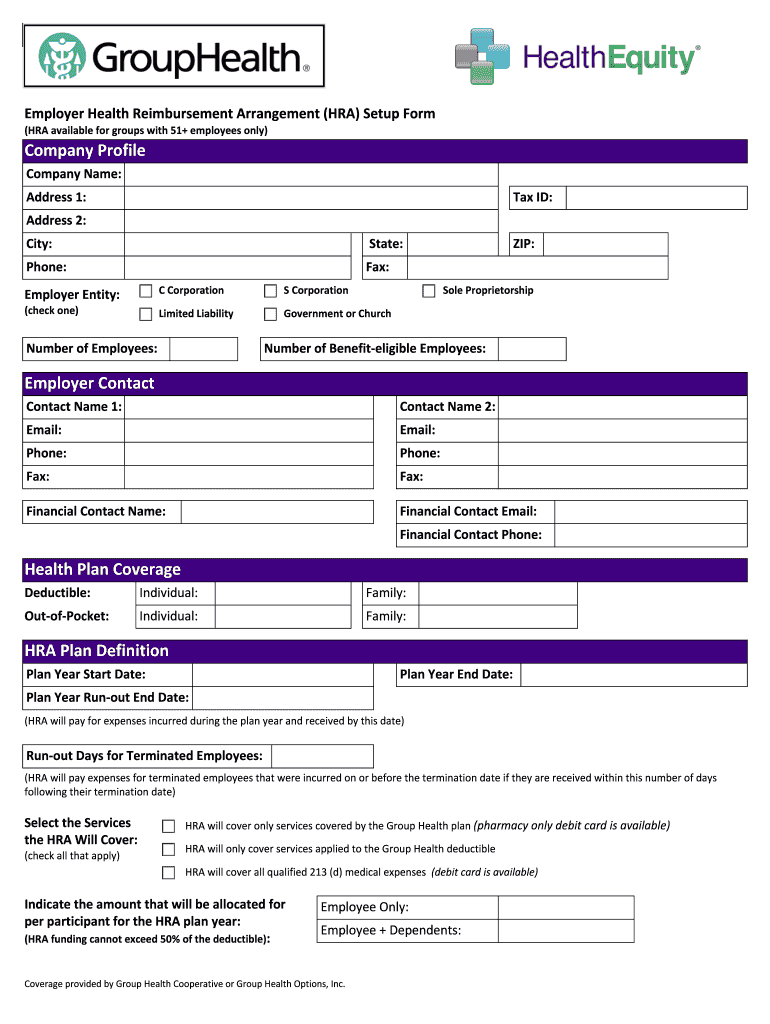 Fillable Online Employer Health Reimbursement Arrangement (HRA) Setup ...