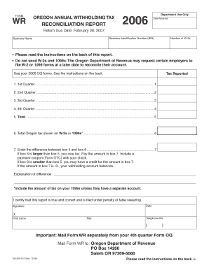 Fillable Online oregon 2006 Form WR, Oregon Annual W/H Tax ...