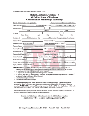 Fillable Online mes rcs k12 tn Student Application 3 - 4 2013 ...