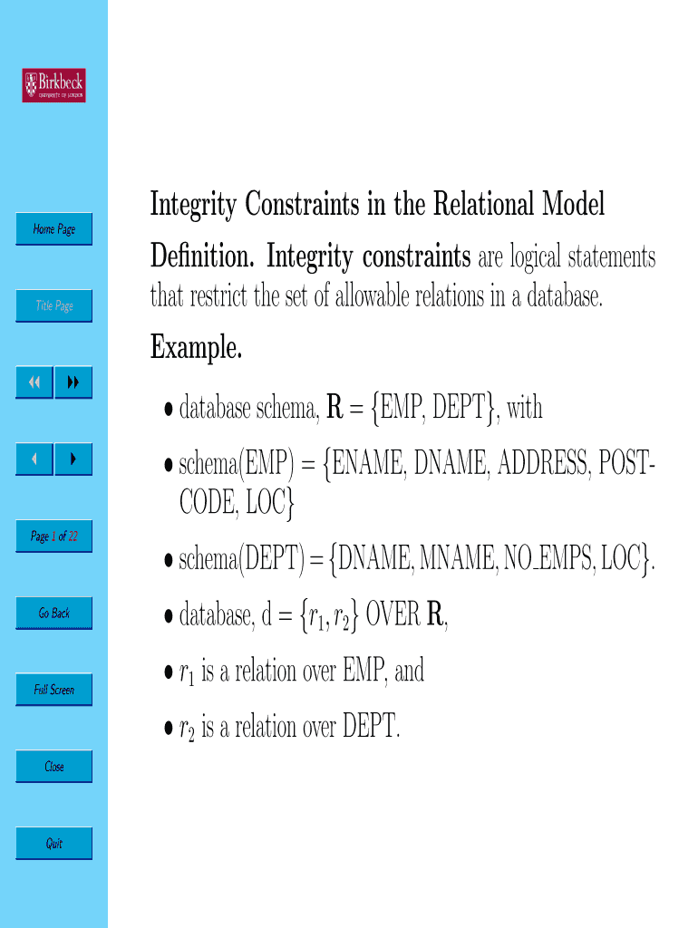 Fillable Online dcs bbk ac Integrity Constraints in the Relational Model - Department of ...
