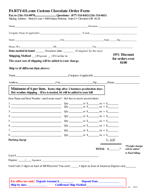 Fillable Online PARTY411.com Custom Chocolate Order Form Fax Email ...