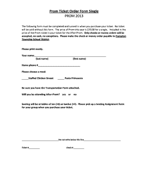Fillable Online ht-sd Prom Ticket Order Form Single PROM 2013 - Hampton ...