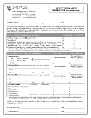 Fillable Online financialaid nd Asset Verification Worksheet ...