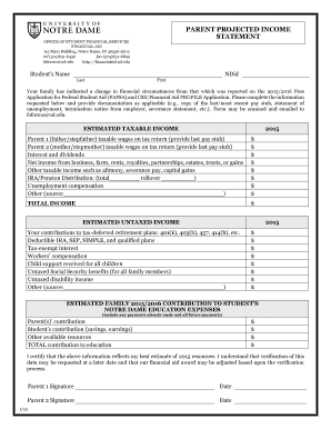 Fillable Online financialaid nd Parent Projected Income Statement ...