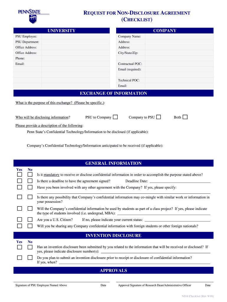 Fillable Online research psu EQUEST FOR NON-DISCLOSURE GREEMENT (CHECKLIST UNIVERSITY Fax Email ...