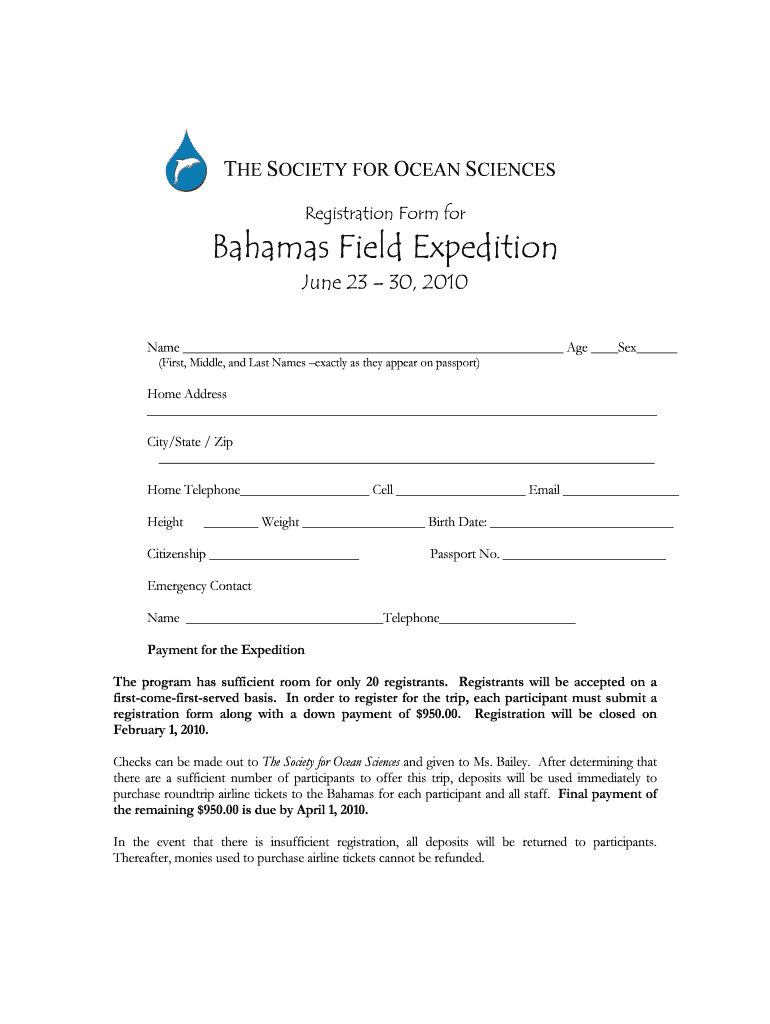 Fillable Online societyoceansciences Registration Form for Bahamas ...