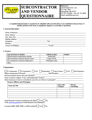 Fillable Online Subcontractor and vendor questionnaire - John Hyland ...